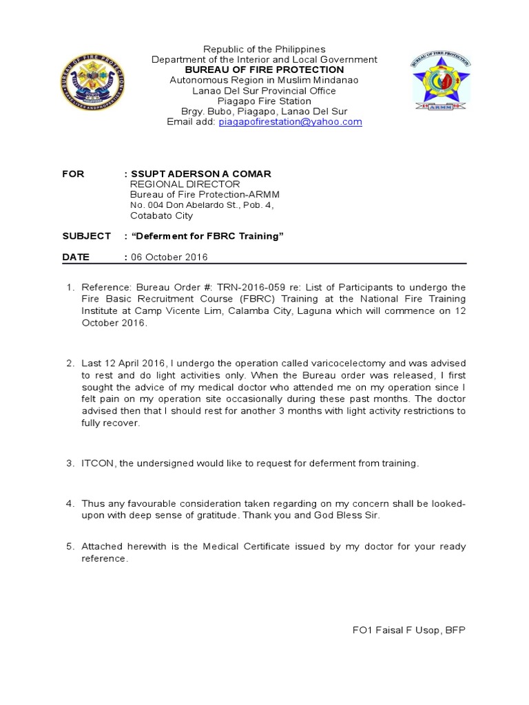 Deferment Sample Letter