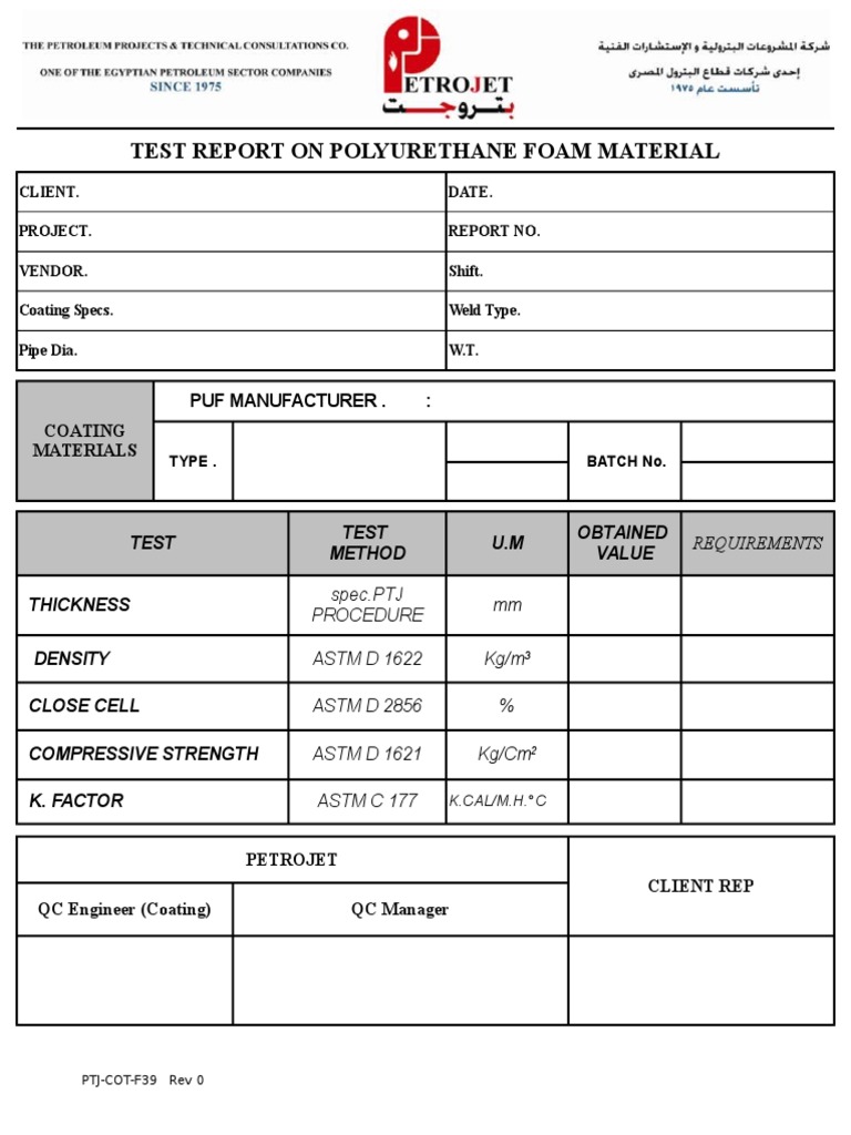 Test Report On Polyurethane Foam Material: Puf Manufacturer .: Coating ...
