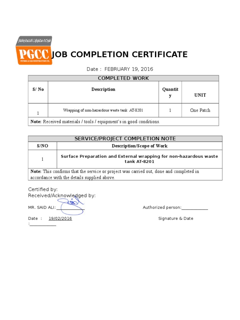 Job Completion Certificate Qchem | PDF