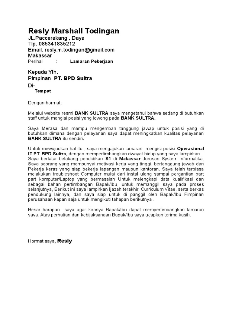 Lamaran Kerja di PT. BPD Sultra | PDF | Karier & Perkembangan | Bisnis