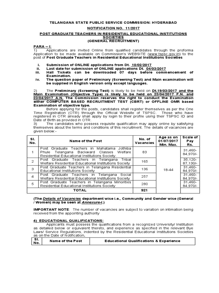 Notification TSPSC PGT Posts | PDF | Academic Degree | Postgraduate ...