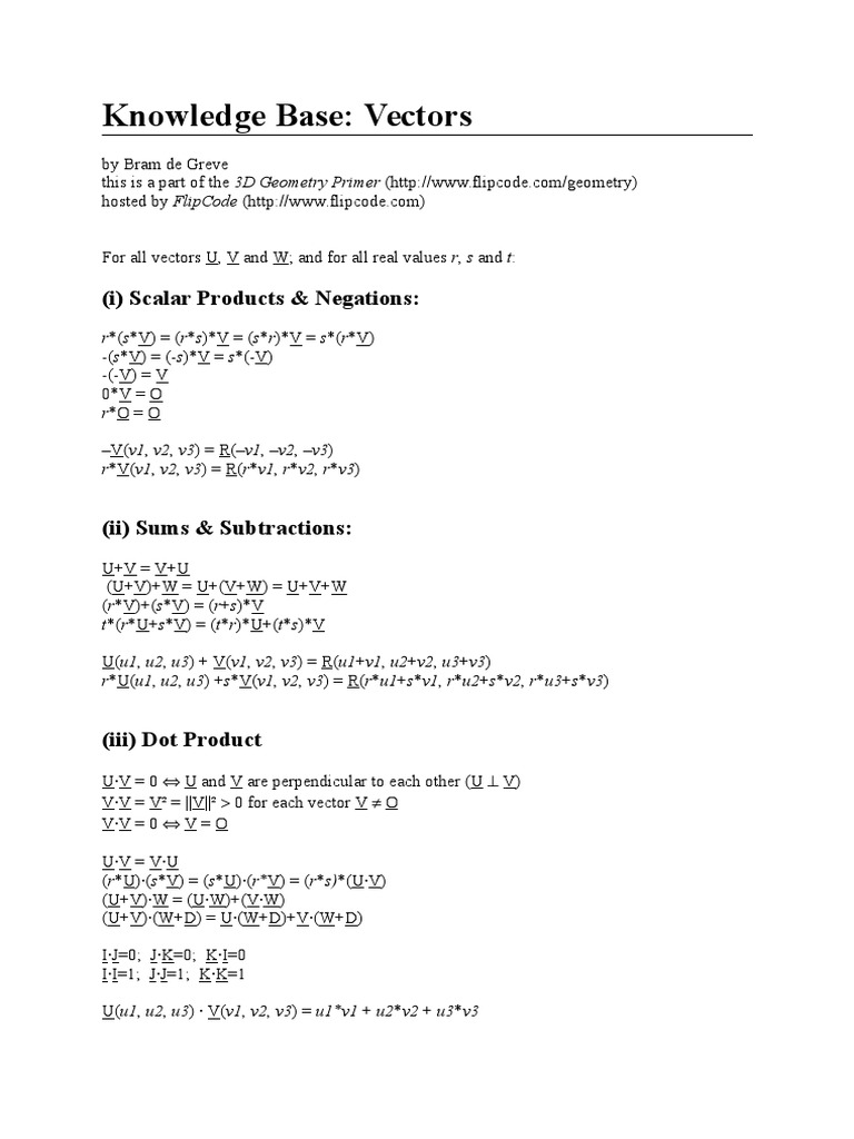 Knowledge Base: Vectors: (I) Scalar Products & Negations | PDF