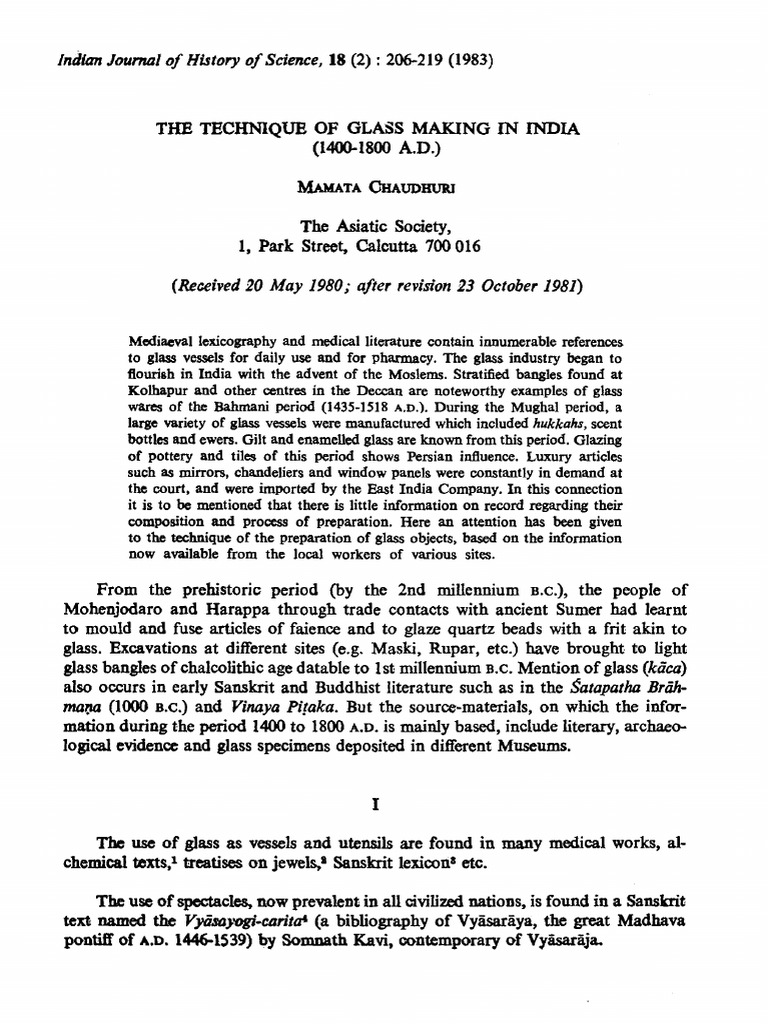 The Technique of Glass Making in India (1400.1800 Aid.) | PDF