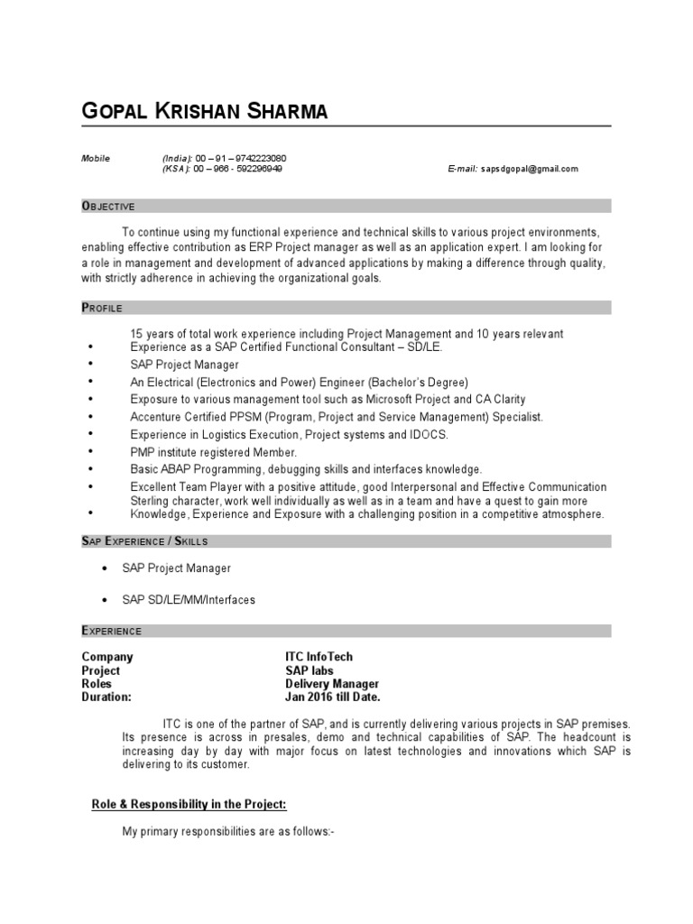 SAP Project Manager CV | PDF | Sap Se | Implementation