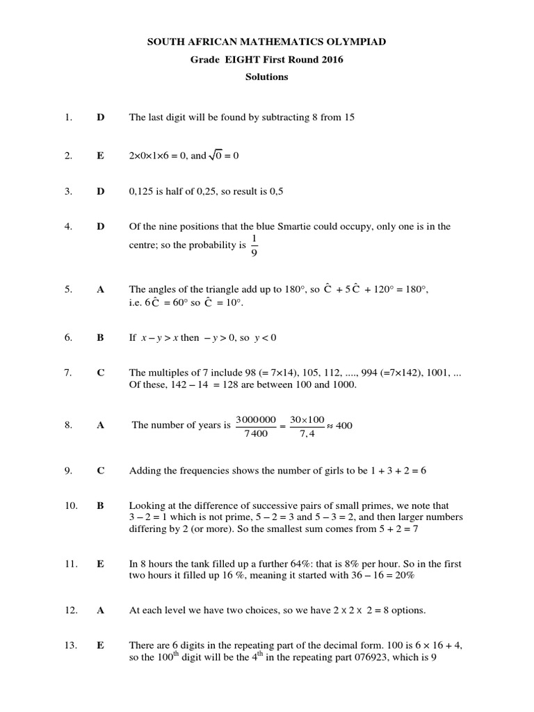 South African Mathematics Olympiad Grade EIGHT First Round 2016 ...