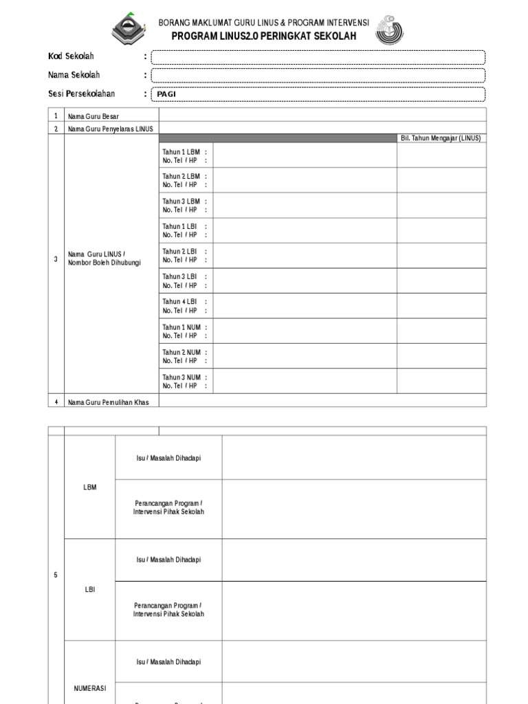 Borang Maklumat Diri Guru Dan Intervensi Linus 2017 | PDF