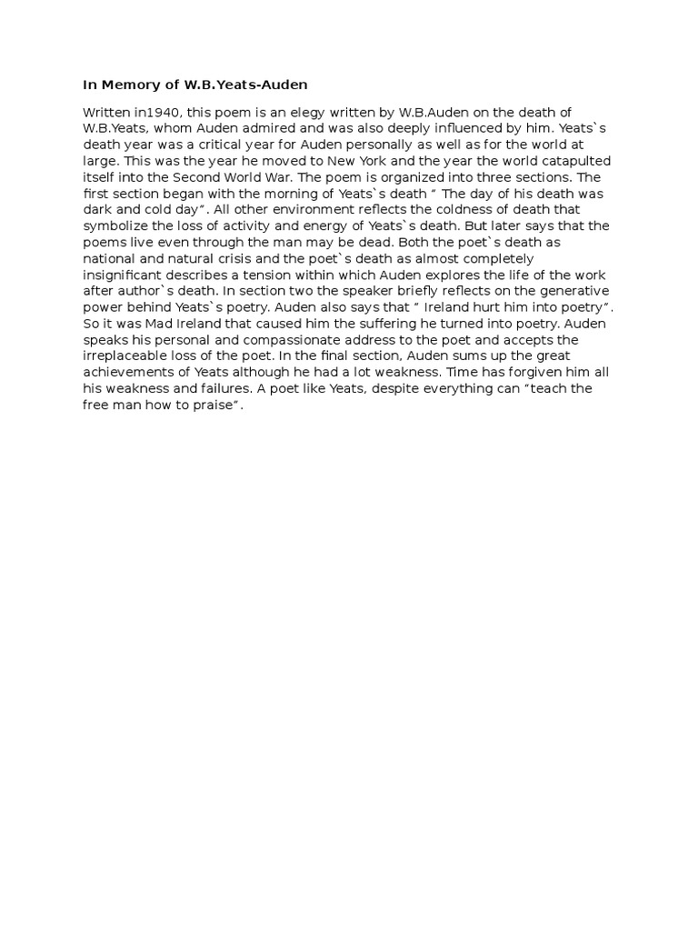 In Memory of Yeats | PDF | W. B. Yeats | Poetry