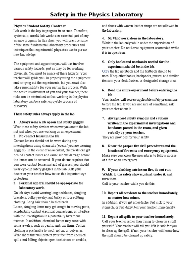 Physics Student Safety Contract | PDF | Laboratories | Clothing