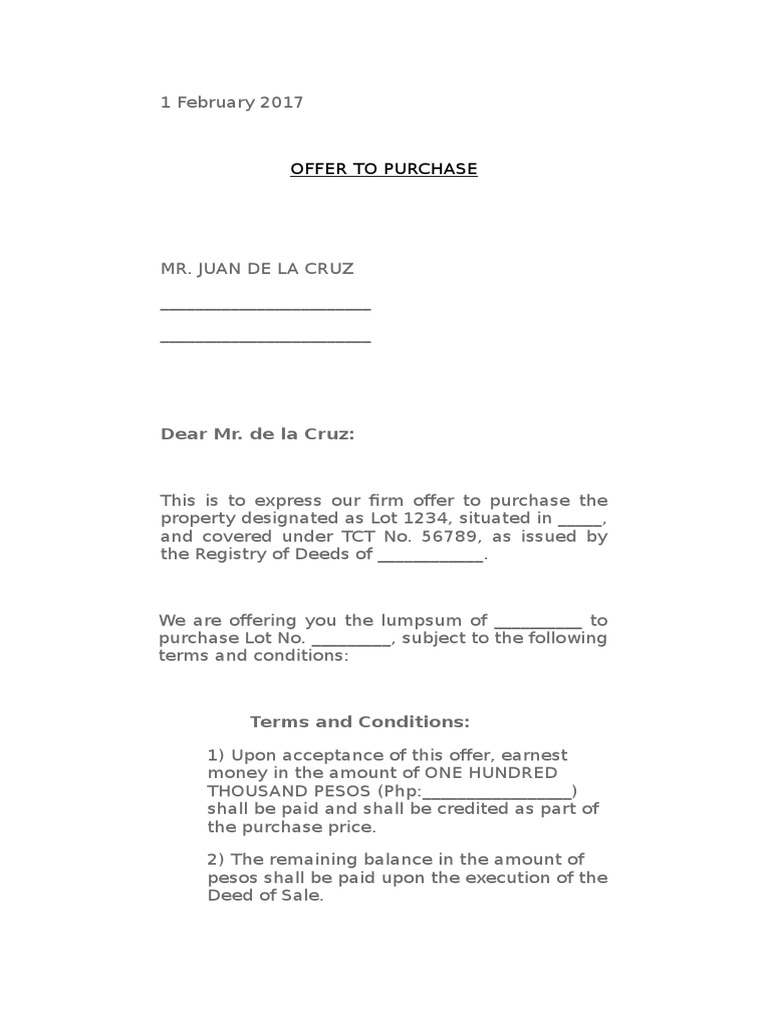 Offer To Purchase: Dear Mr. de La Cruz | PDF