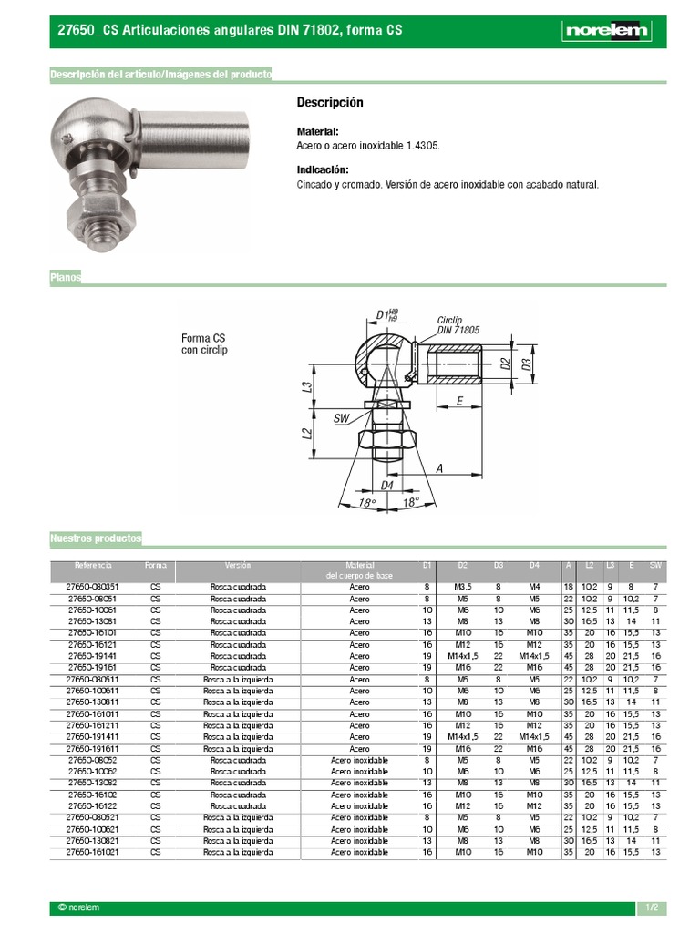 CS Datasheet 11786 Articulaciones Angulares DIN 71802 Forma CS - Es | PDF | Acero | Materiales ...