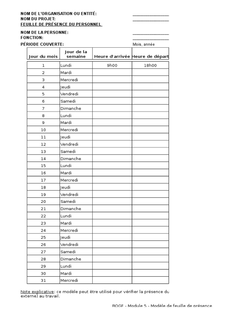 Module5 Presence Sheets Templates FR 0 | PDF