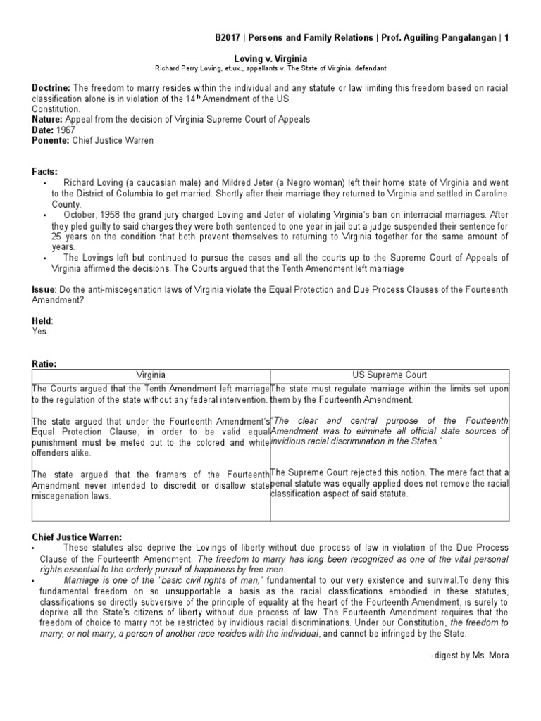 Loving Vs Virginia (1967) | PDF | Loving V. Virginia | Fourteenth ...