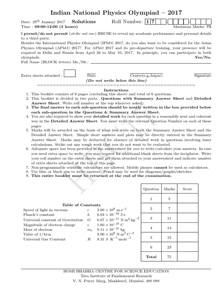 INPhO 2017 Exam Solutions | PDF | Refractive Index | Electromagnetic ...
