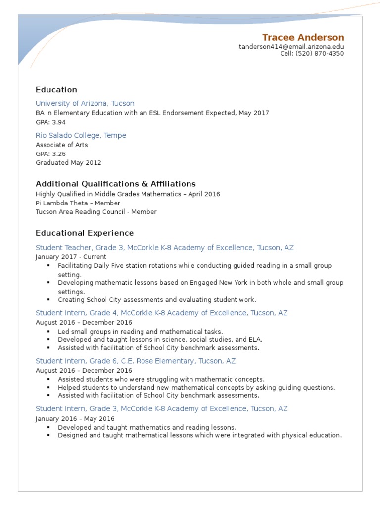 Anderson Tracee Resume For Weebly | PDF | Behavior Modification | Learning