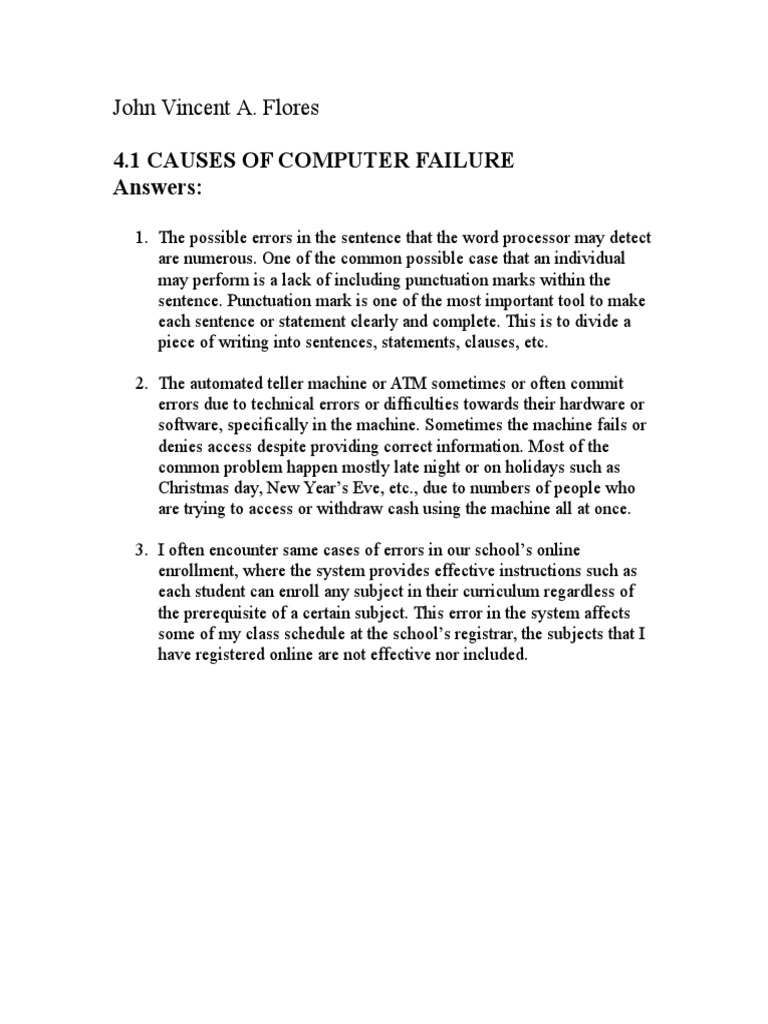 4.1 Causes of Computer Failure Answers:: John Vincent A. Flores | PDF ...