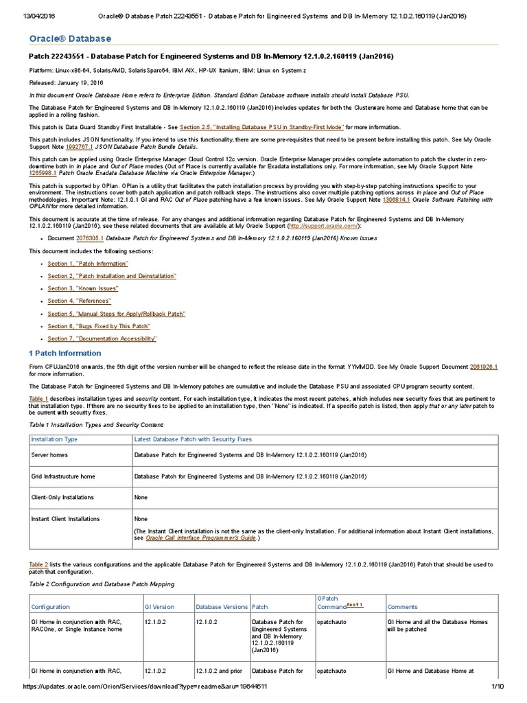 Oracle® Database Patch 22243551 - Database Patch For Engineered Systems ...