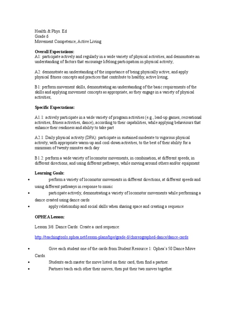 Grade 6 Dance Activity Plan | PDF | Physical Fitness | Dances