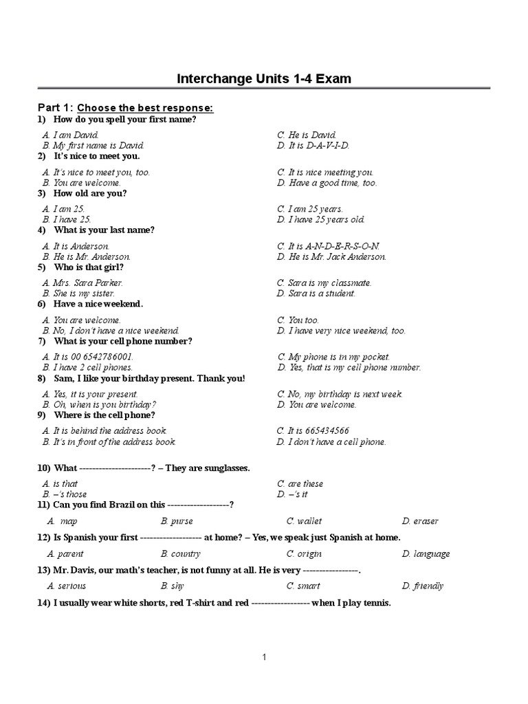 Interchange Units 1-4 Exam: Choose The Best Response | Download Free ...