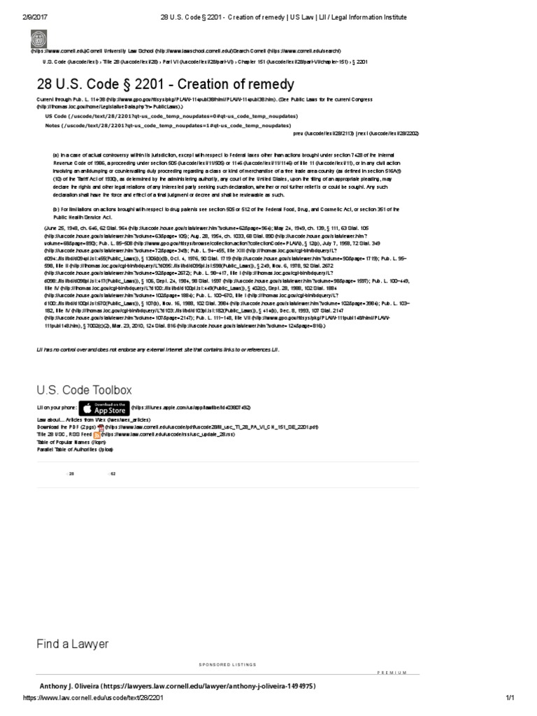 28 U.S. Code 2201 Creation of Remedy | PDF | United States Code ...