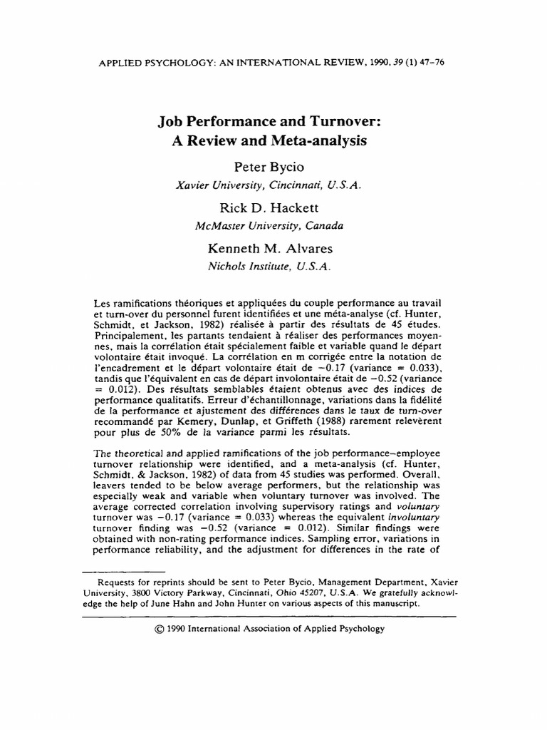Job Performance and Turnover: A Review and Meta-Analysis | PDF ...