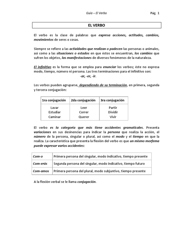 Guía - El Verbo | PDF | Verbo | Numero Gramatical