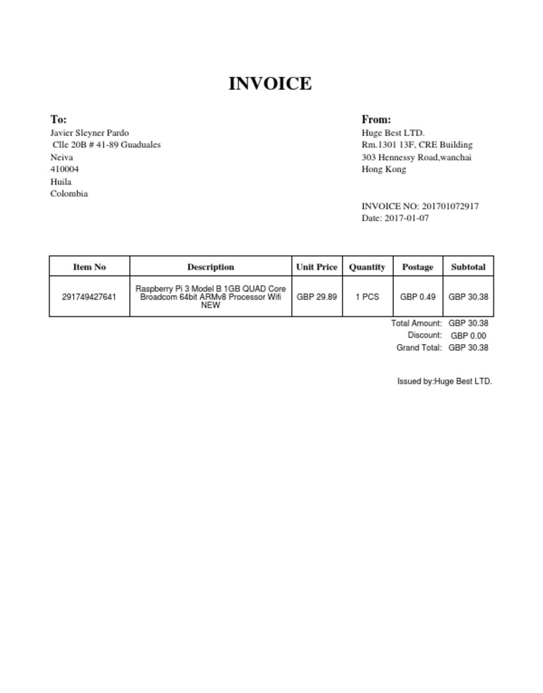 Raspberry Pi Invoice: Order for 1x Raspberry Pi 3 Model B from Huge ...