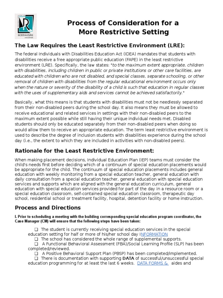 Process of Consideration For A More Restrictive Setting: The Law ...