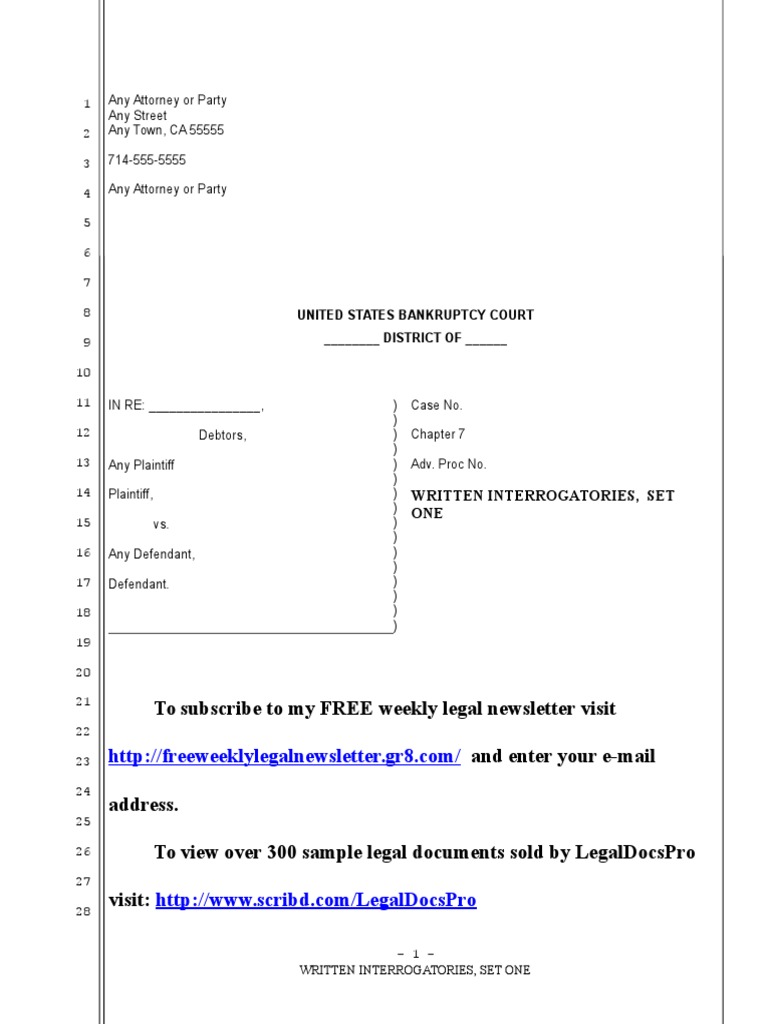 Sample Interrogatories in United States Bankruptcy Court | PDF ...
