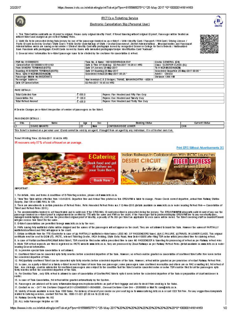 Irctc Ticket Format | PDF