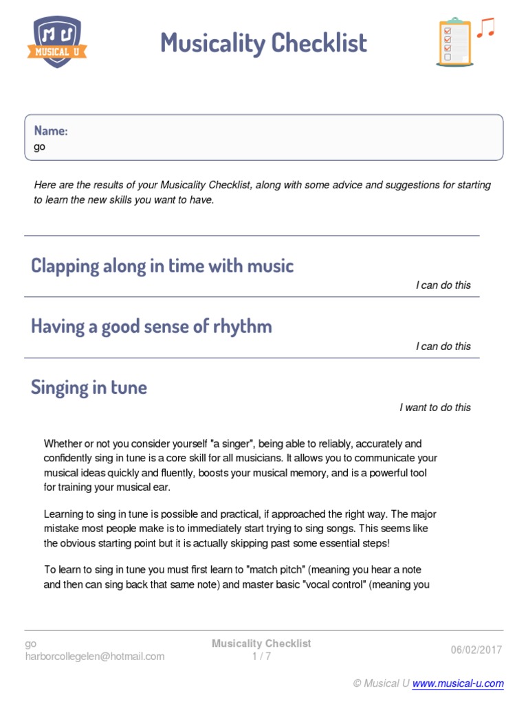 Musicality Checklist | Singing | Sound