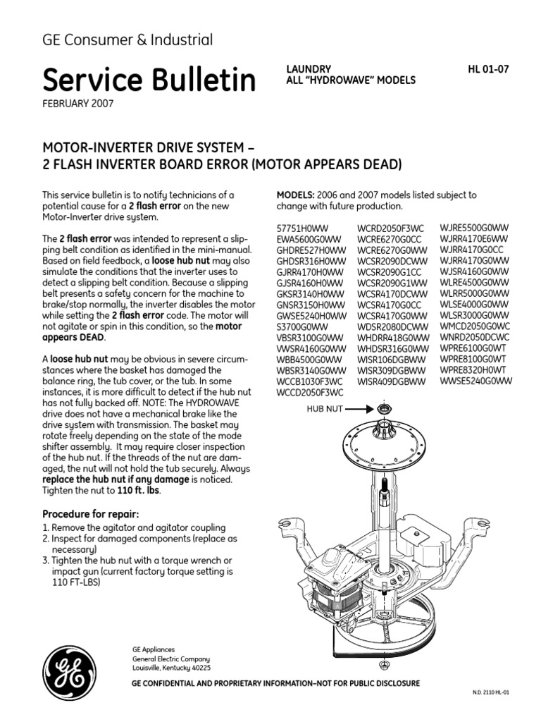 GE Washer Inverter Bulletin HL01-07 | PDF