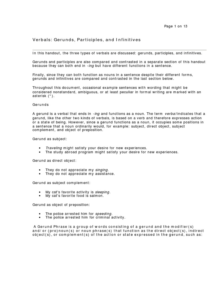 Verbals Handout PDF | PDF | Adjective | Verb
