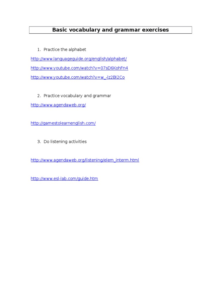 Basic Vocabulary and Grammar Exercises | PDF