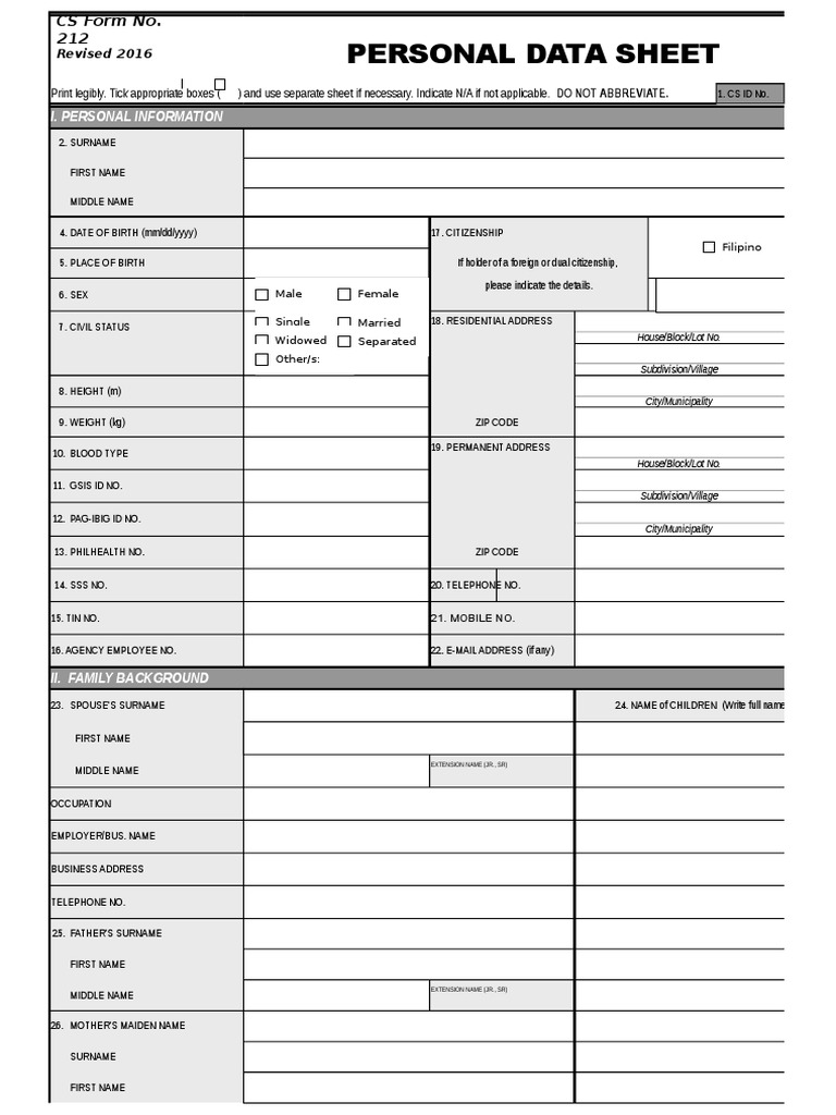 CS Form No. 212 Revised Personal Data Sheet Revised 2016 | PDF | Crime ...