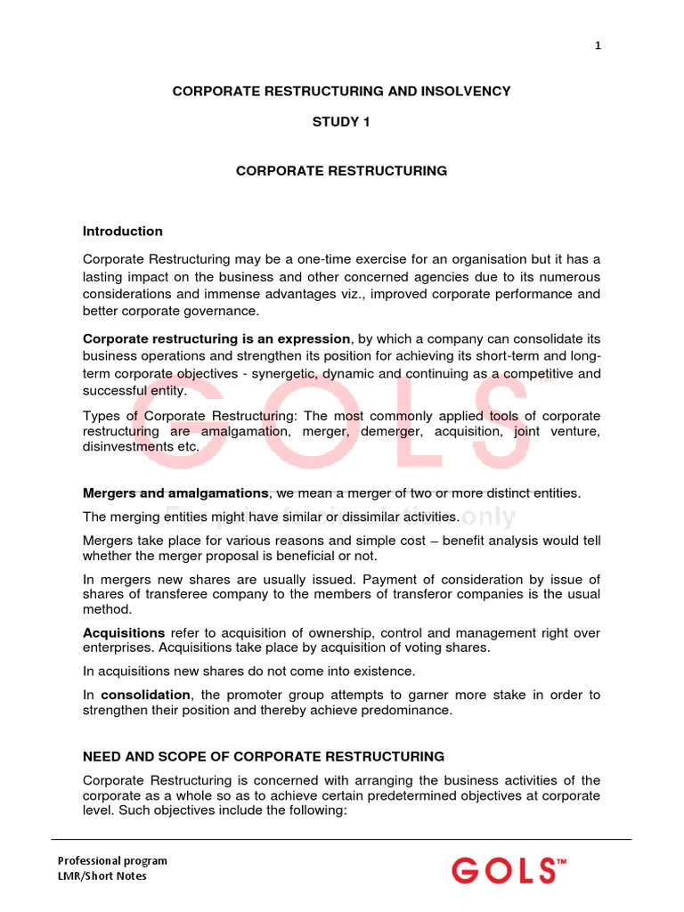 Corporate Restructuring Short Notes PDF | PDF | Valuation (Finance ...