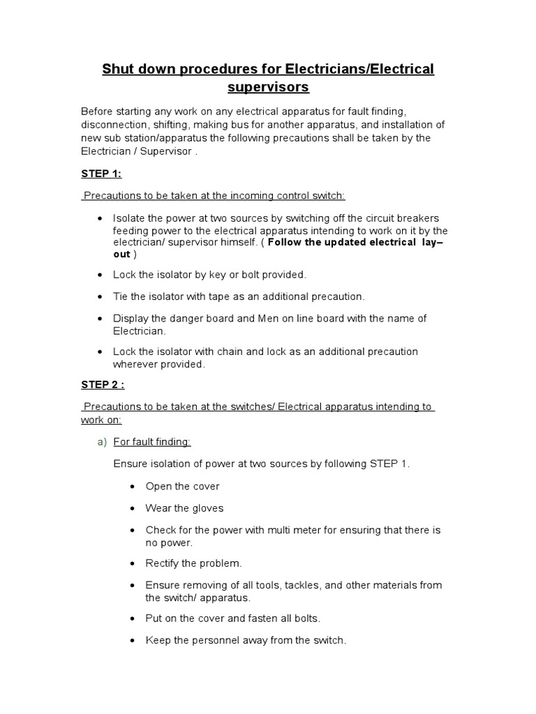 Shut Down Procedures | Electrician | Switch