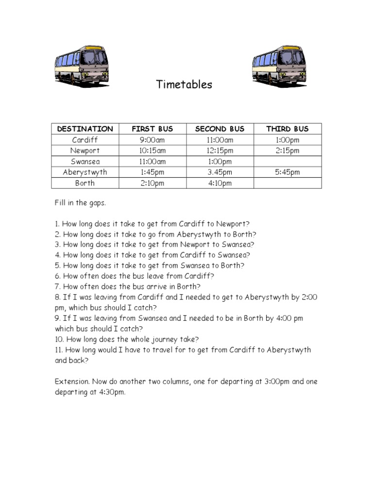 Timetables: Destination First Bus Second Bus Third Bus | PDF