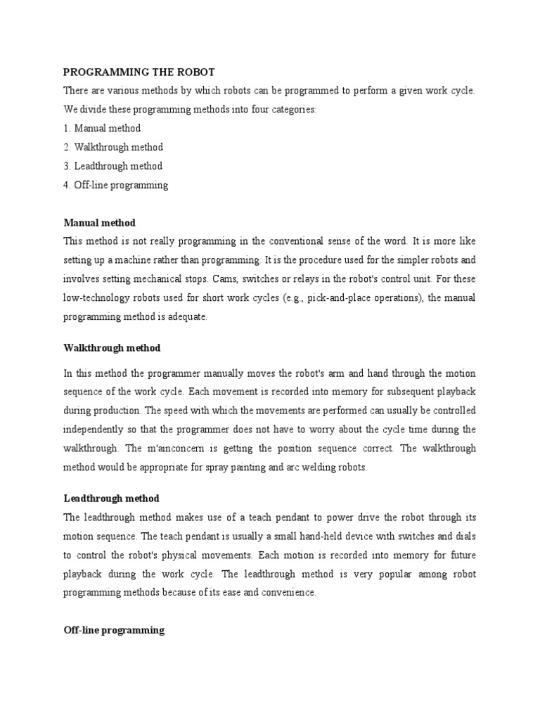 An Overview of Common Robot Programming Methods: Manual, Walkthrough, Leadthrough, and Off-Line ...