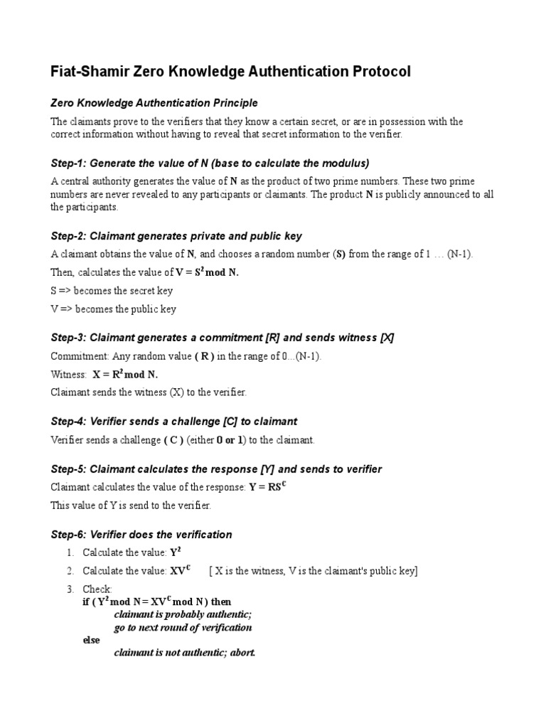 Fiat-Shamir Zero Knowledge Authentication Protocol: Mod N | PDF