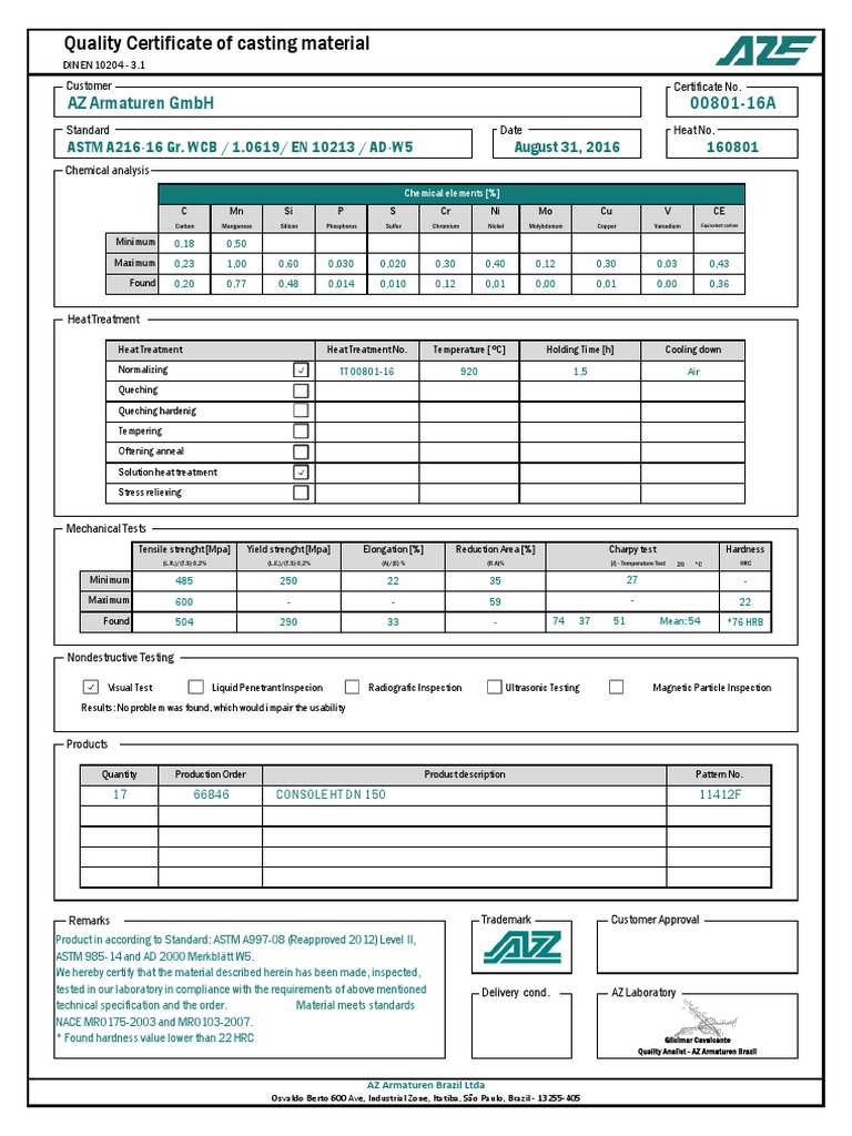ASTM A997 Compliance Certificate | PDF | Heat Treating | Annealing ...