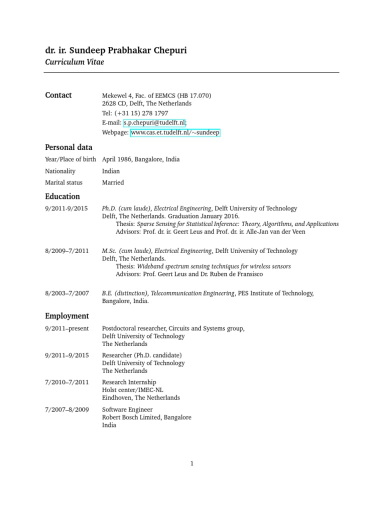 Dr. Ir. Sundeep Prabhakar Chepuri: Curriculum Vitae | PDF | Cognitive Radio | Signal (Electrical ...