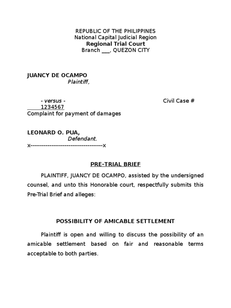 Pre-Trial Brief for Damage Claim Case | PDF | Brief (Law) | Lawsuit