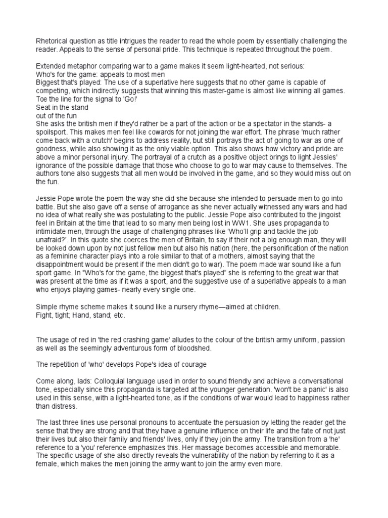 Jessie Pope "Who's for the Game" Analysis | Poetry | Fiction & Literature