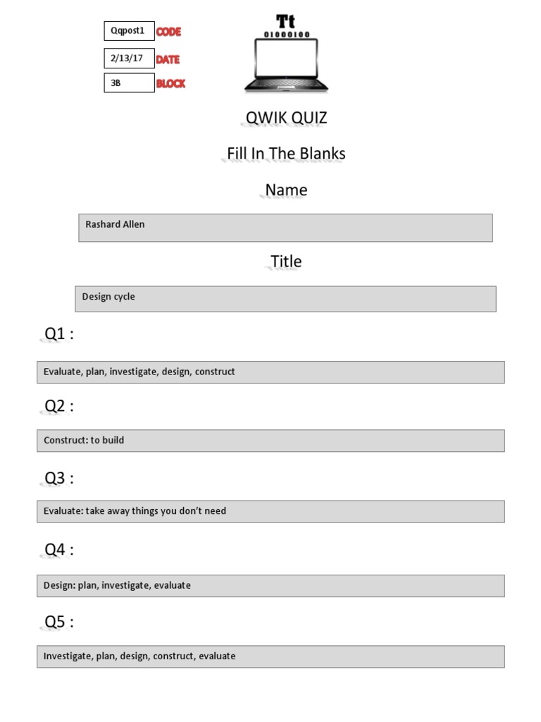 Qwik Quiz Fill in The Blanks 26 Rashard Allen | PDF
