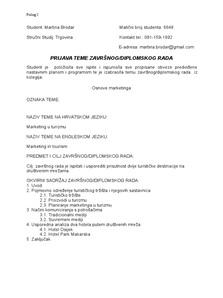 Prijava Teme Završnog Rada | PDF