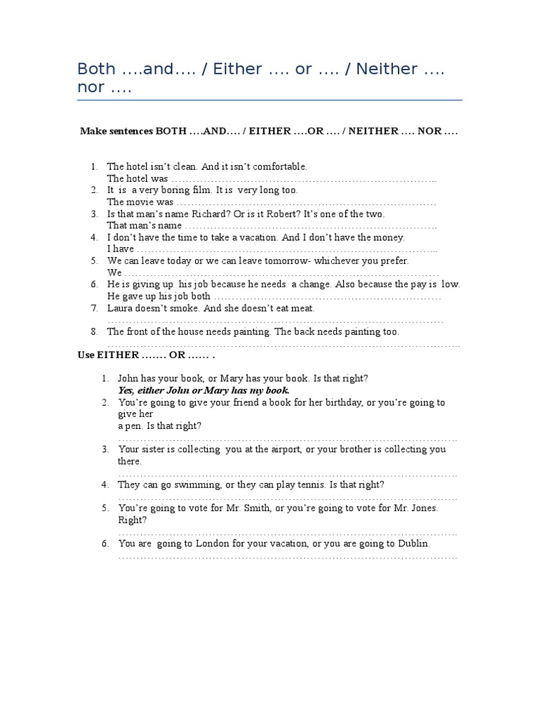 Either or Neither Nor Ejercicios | PDF