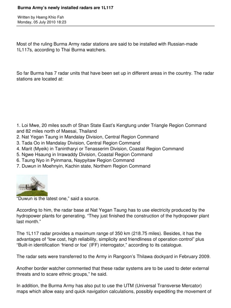 Burma Army Installs Russian 1L117 Radars | PDF