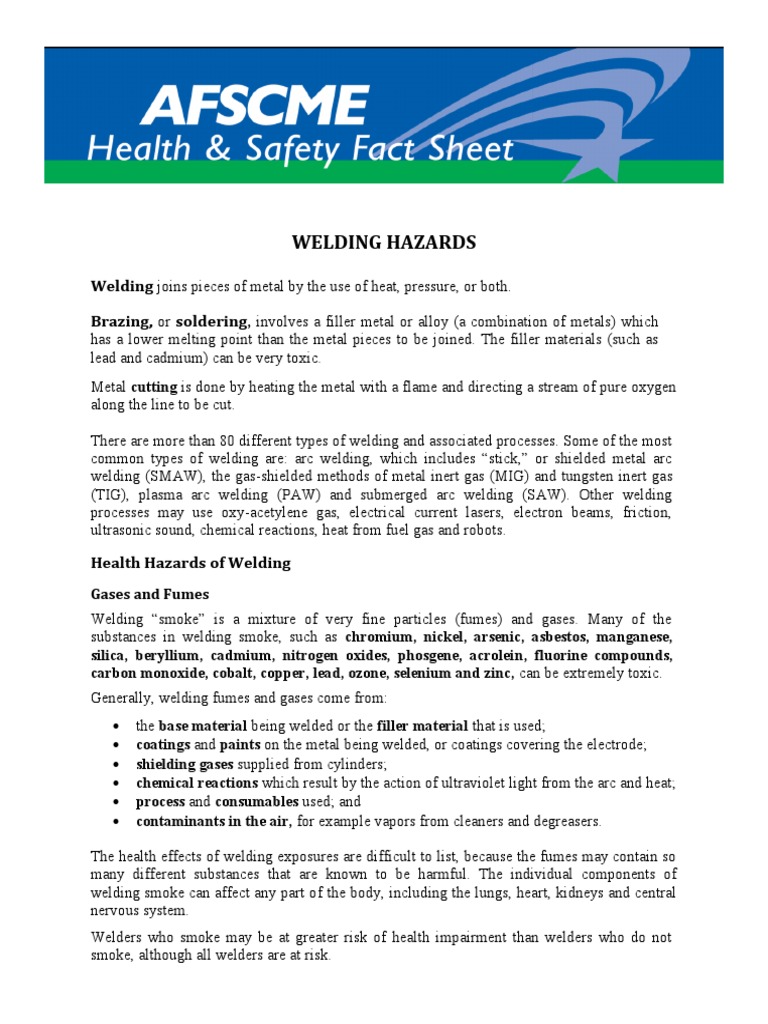 Welding Hazards AFSCME Fact Sheet | PDF | Welding | Construction