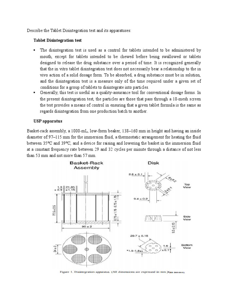Tablet Disintegration Test and Basket Rack Assembly | PDF | Tablet ...