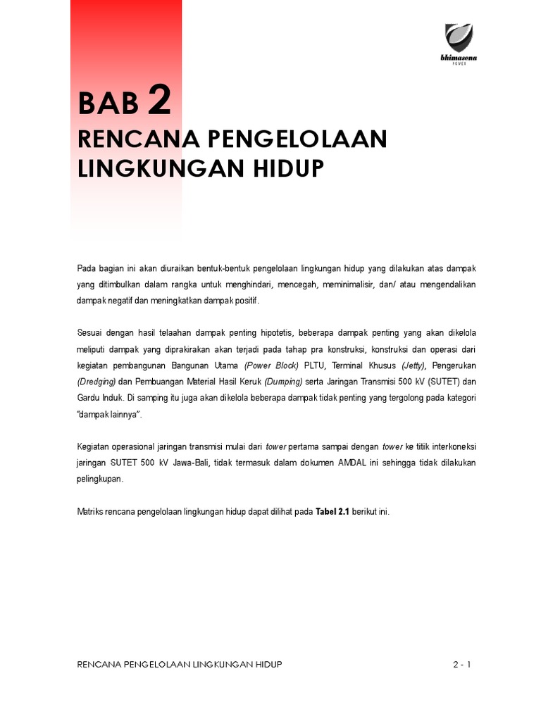 BAB 2 Rencana Pengelolaan Lingkungan Hidup RKL RPL - PLTU PDF | PDF